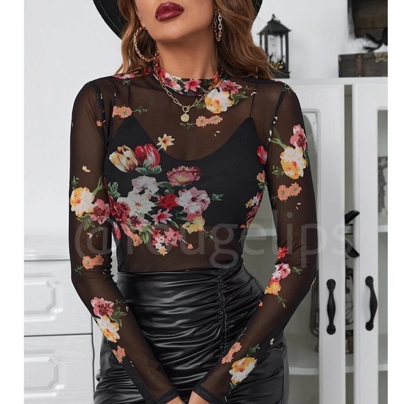 Rouge! | Tops | Black Floral Print Mesh Sheer Top Long Sleeve | Poshmark